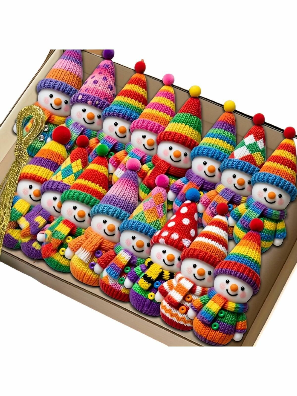 Набор елочных украшений, Деревянный снеговик в вязаном стиле с цветовой кодировкой -набор из 16 предметов