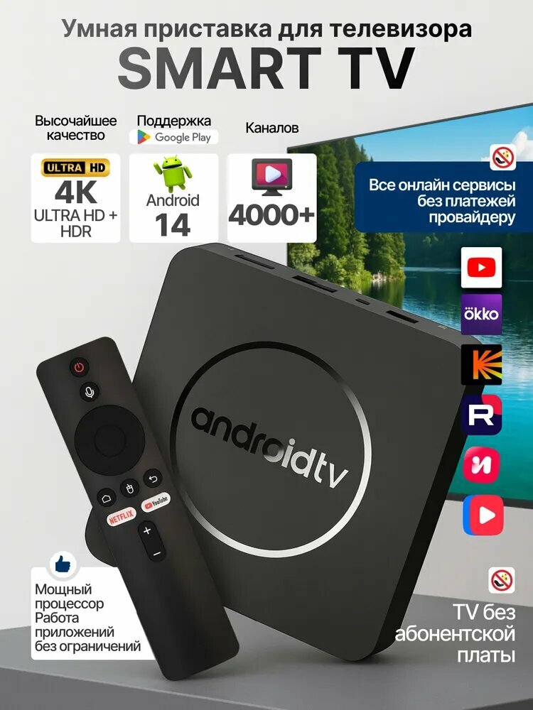 Андроид ТВ приставка / Приставка смарт ТВ Wi Fi / ТВ приставка / Медиаплеер