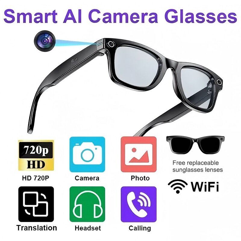 Black Friday Hot Seller - Camera-AI Smart Voice Glasses, Voice Assistant Headset, Video/Audio Translation, Bluetooth Call Fashion Glasses for Men And Women, 8MP Ultra-Wide-Angle Camera HD 1080P Polarized Conference Recorder, Outdoor Sports Fashion