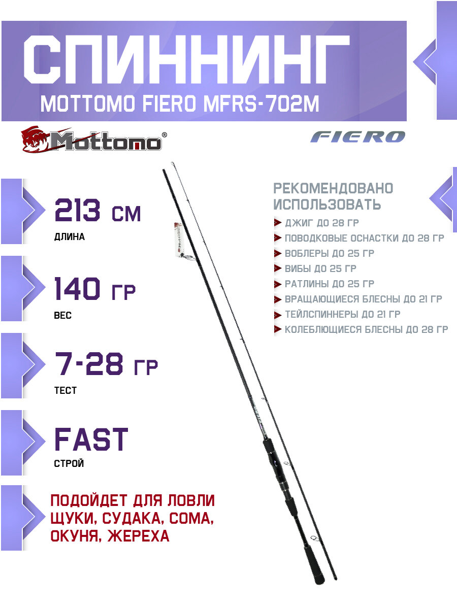 Спиннинг Mottomo Fiero MFRS-702M 213см/7-28g на щуку, окуня, голавля, форели