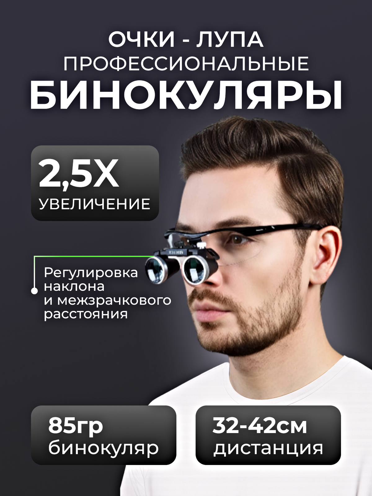 Лупа очки бинокулярные для стоматолога ювелира 2.5x, глубина обзора 90 мм