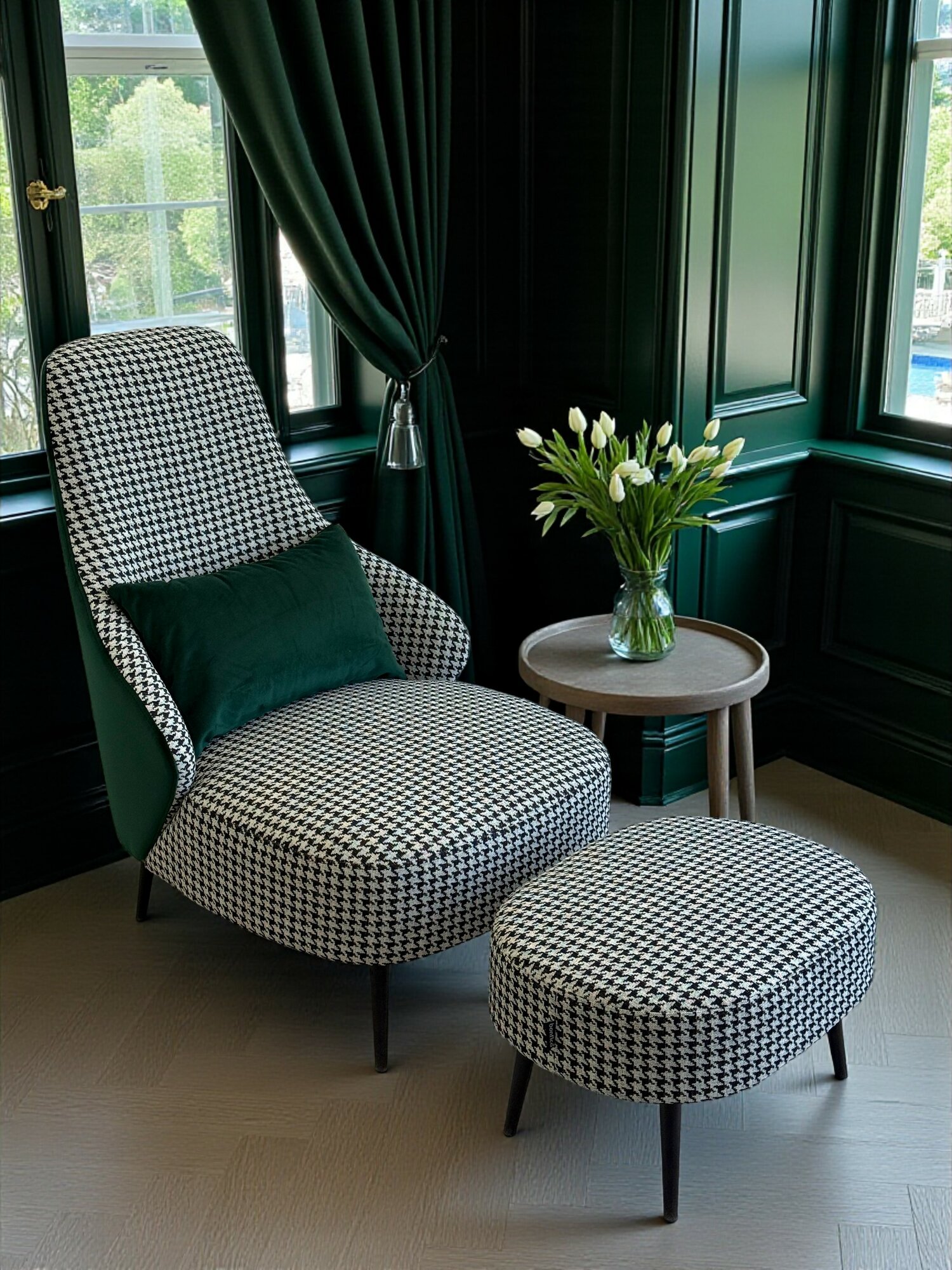 Комплект Bonfico кресло "Оскар" и пуф , гусиная лапка/зеленый/изумрудный велюр