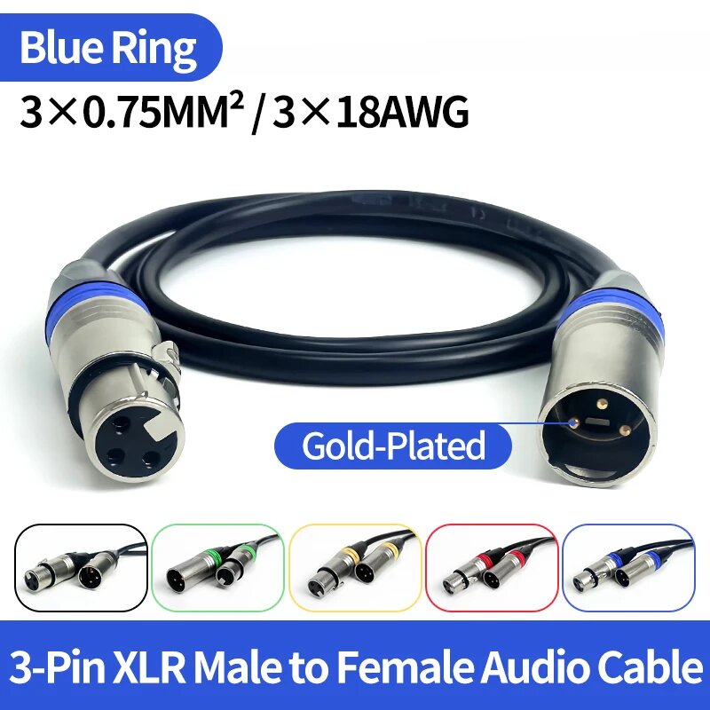 Профессиональный аудиокабель XLR папа-мама 3-контактный позолоченный 3M, Blue Ring