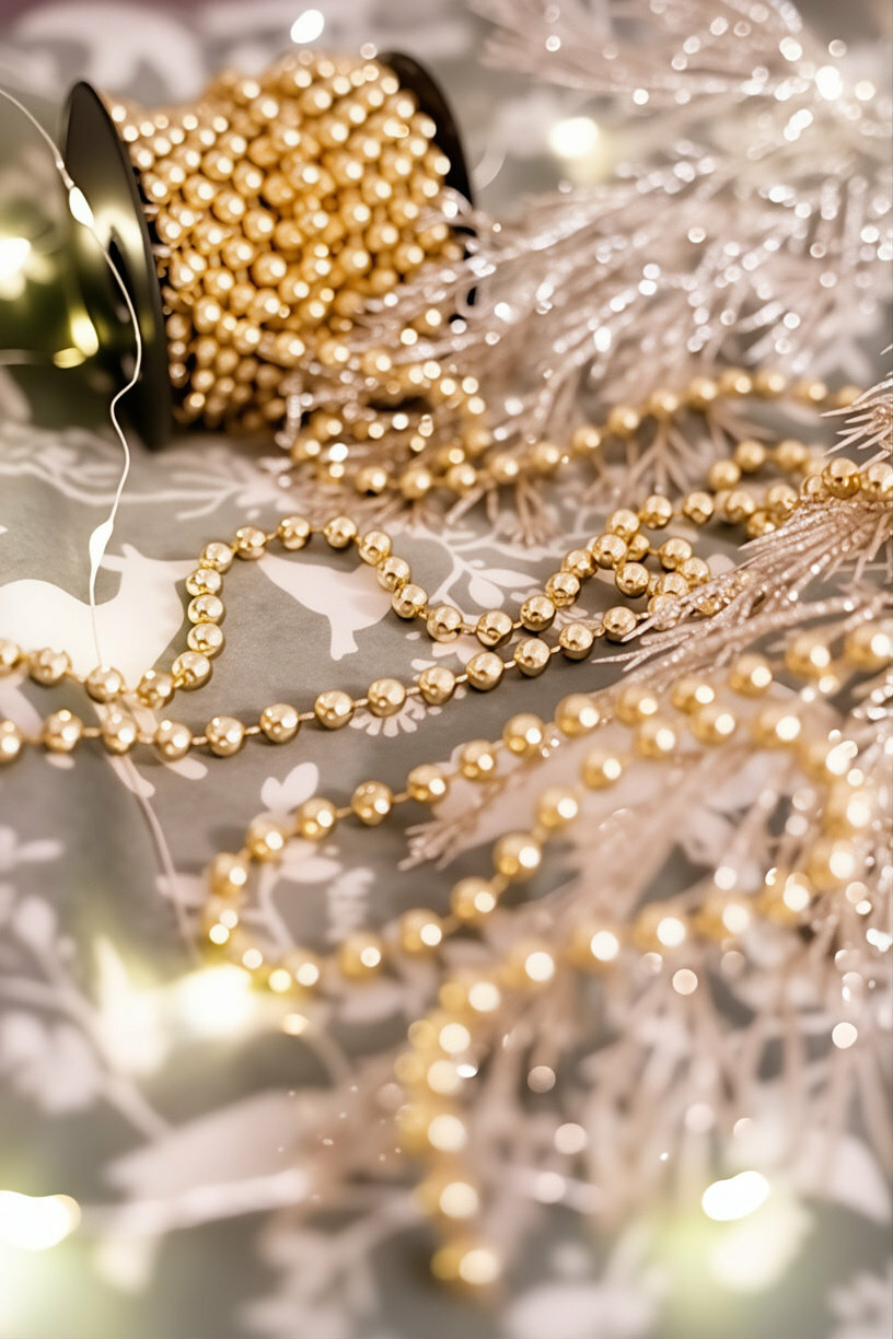 Бусы пластиковые елочный бисер, цвет: золотой, 8 мм, 10 м, Winter Deco 000156