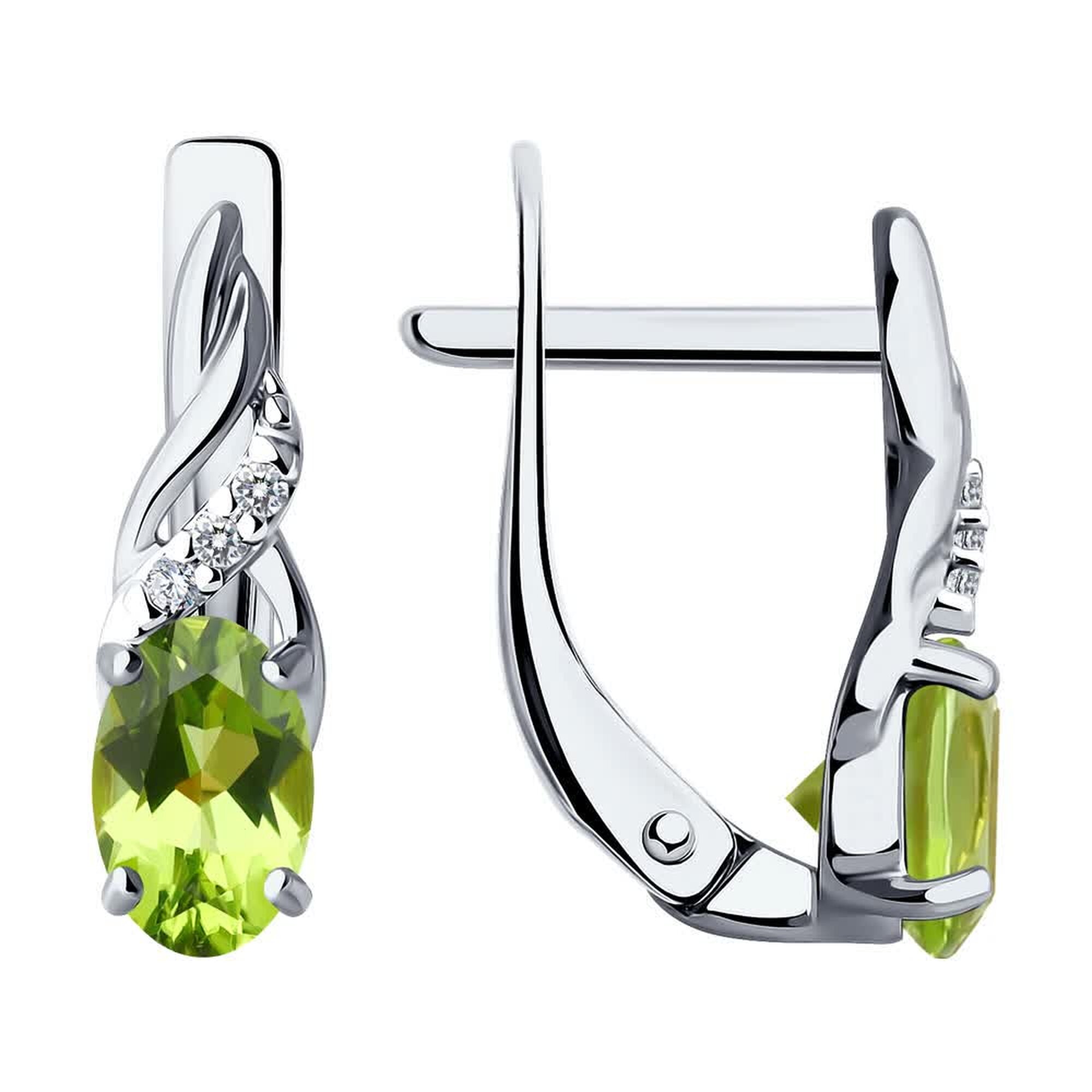 Серьги, серебро, 925 проба, родирование, хризолит, фианит