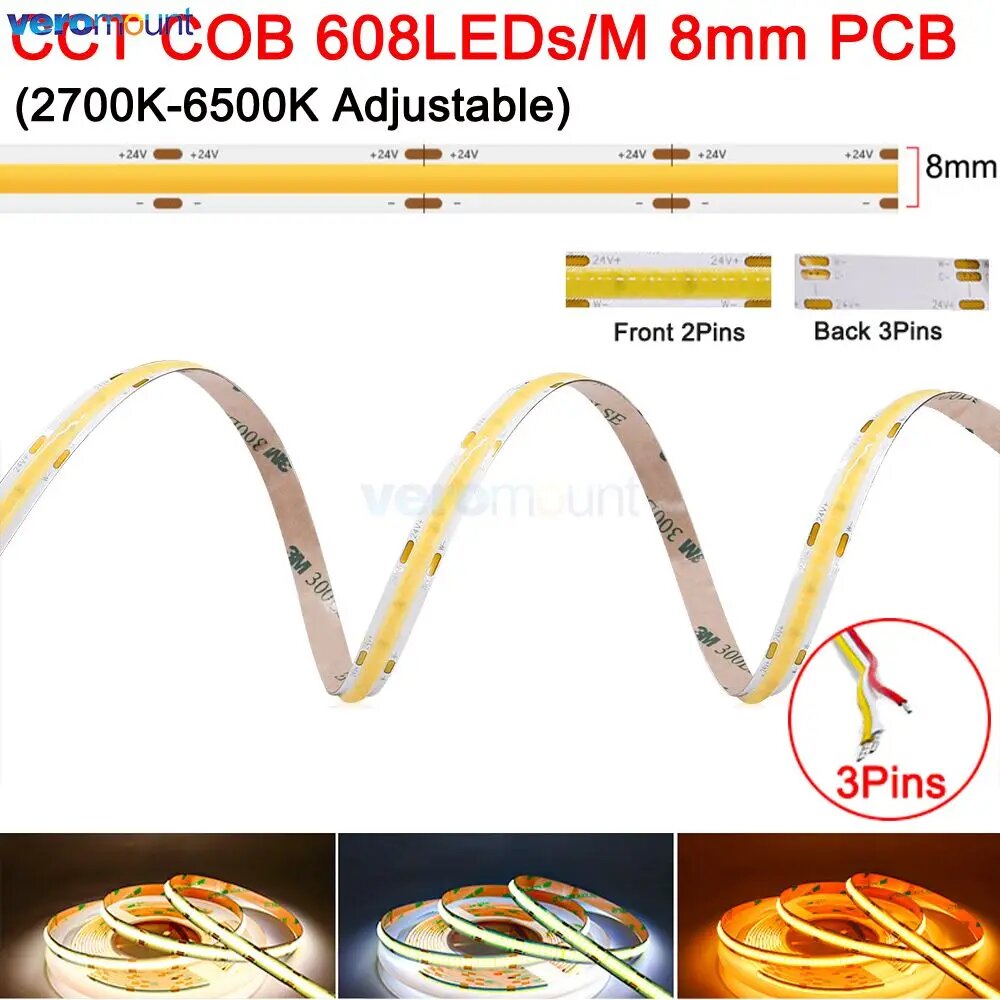 Veromount RGB COB светодиодная лента 5м CCT 608LEDs 8mm, 24V DC
