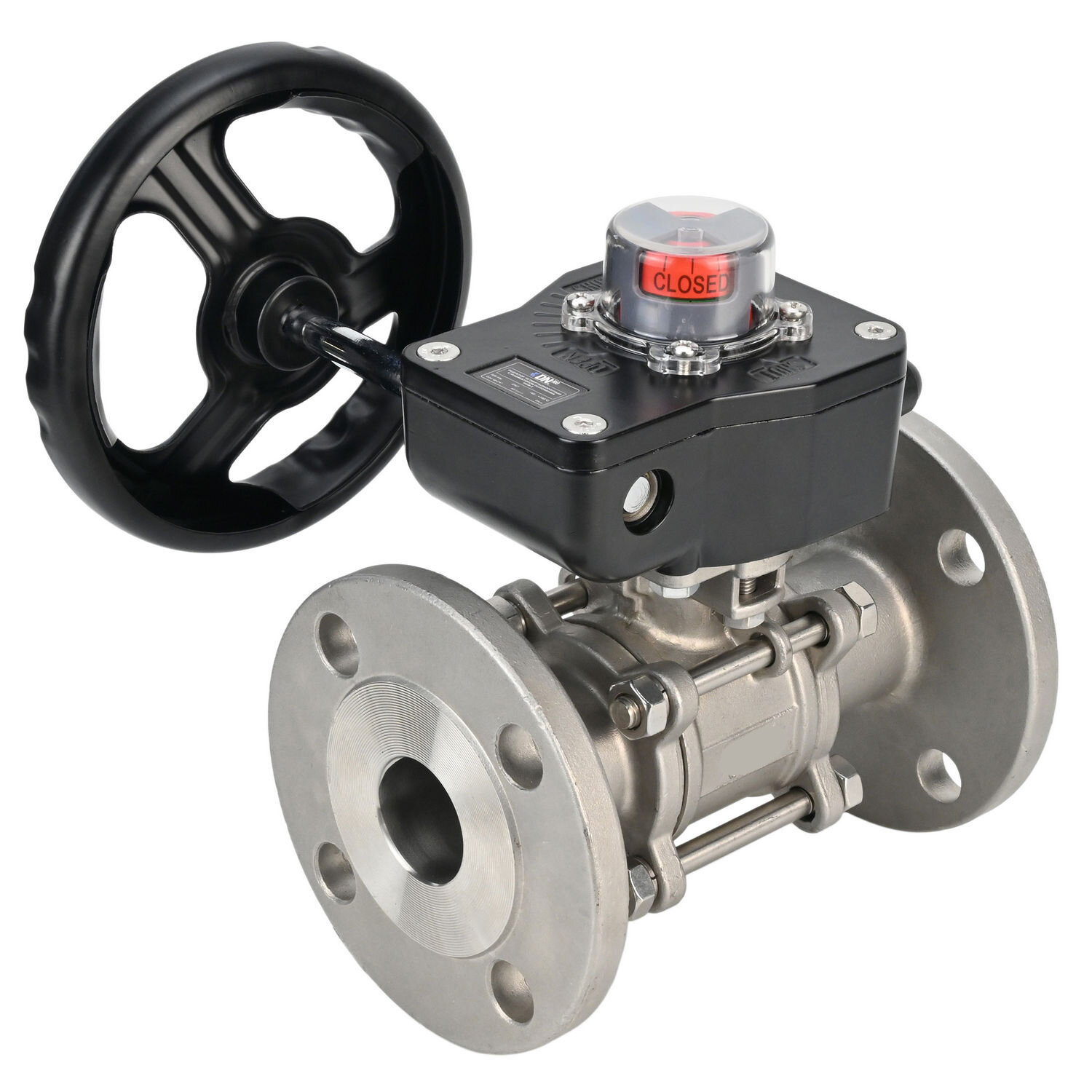 Кран шаровой DN.ru кшпп 316.200-ISO Ду50 Ру40 полнопроходной двухходовой, нержавеющая сталь SS316, под приварку, уплотнение - PTFE, с ISO фланцем и редуктором DN. ru HGB-1 с индикатором положения