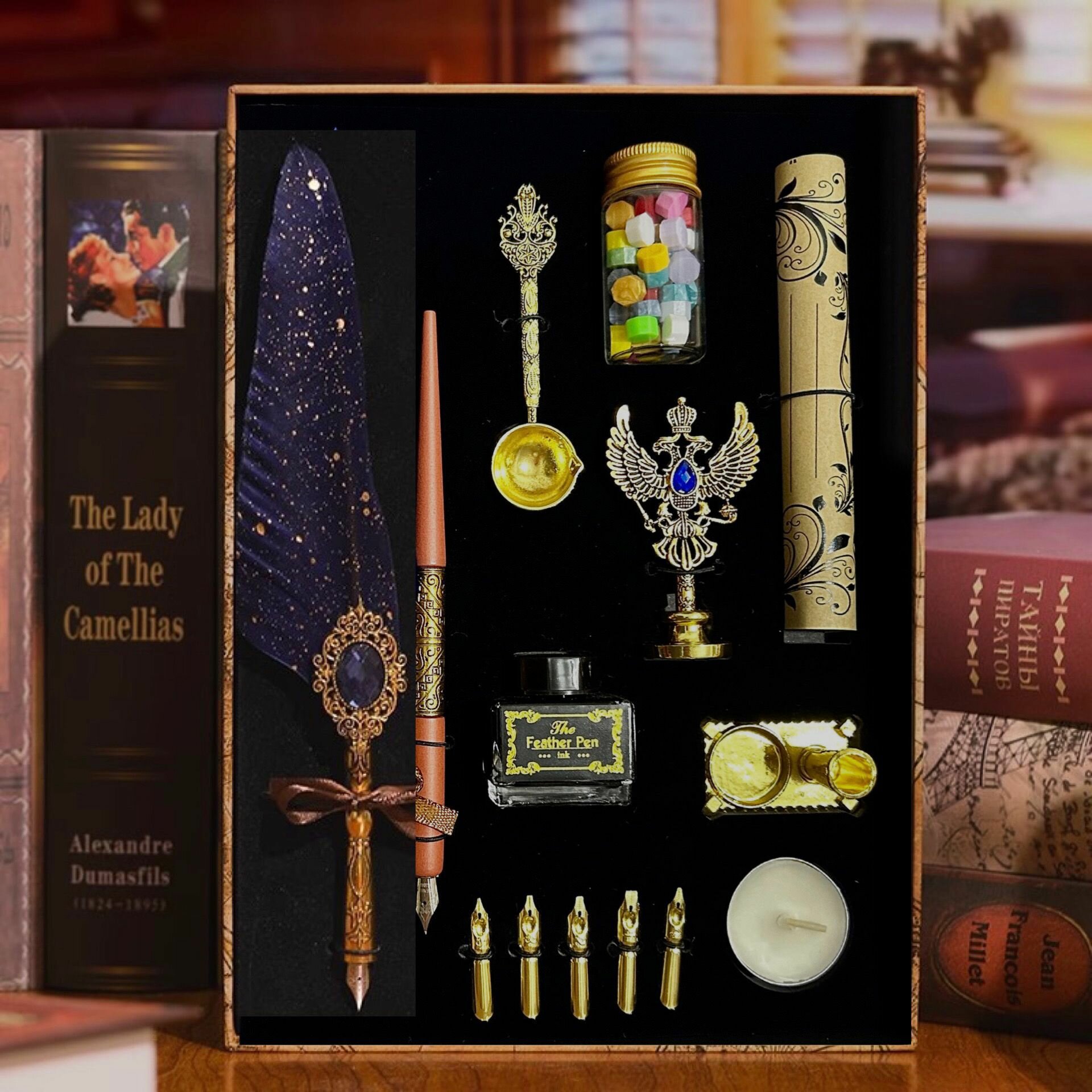 Волшебная ручка с перьями и камнями, Гарри Поттер, европейская ретро ручка для восковой печати, перьевая ручка, подарочная коробка, подарок на день рождения