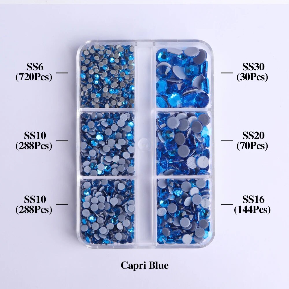 Термоклеевые стразы QIIY Capri Blue, синие, assorted sizes