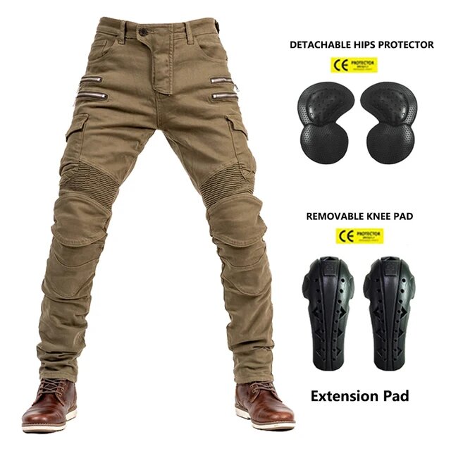 Новинка 2024, мотоциклетные брюки цвета хаки, черные мужские джинсы Черный, XXL, Khaki Extension pad