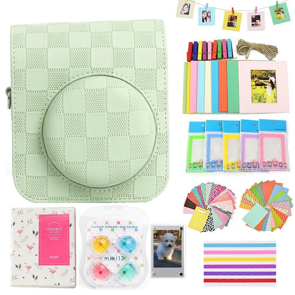 Чехол для Fujifilm Instax Mini 12, Green Checkered + набор аксессуаров