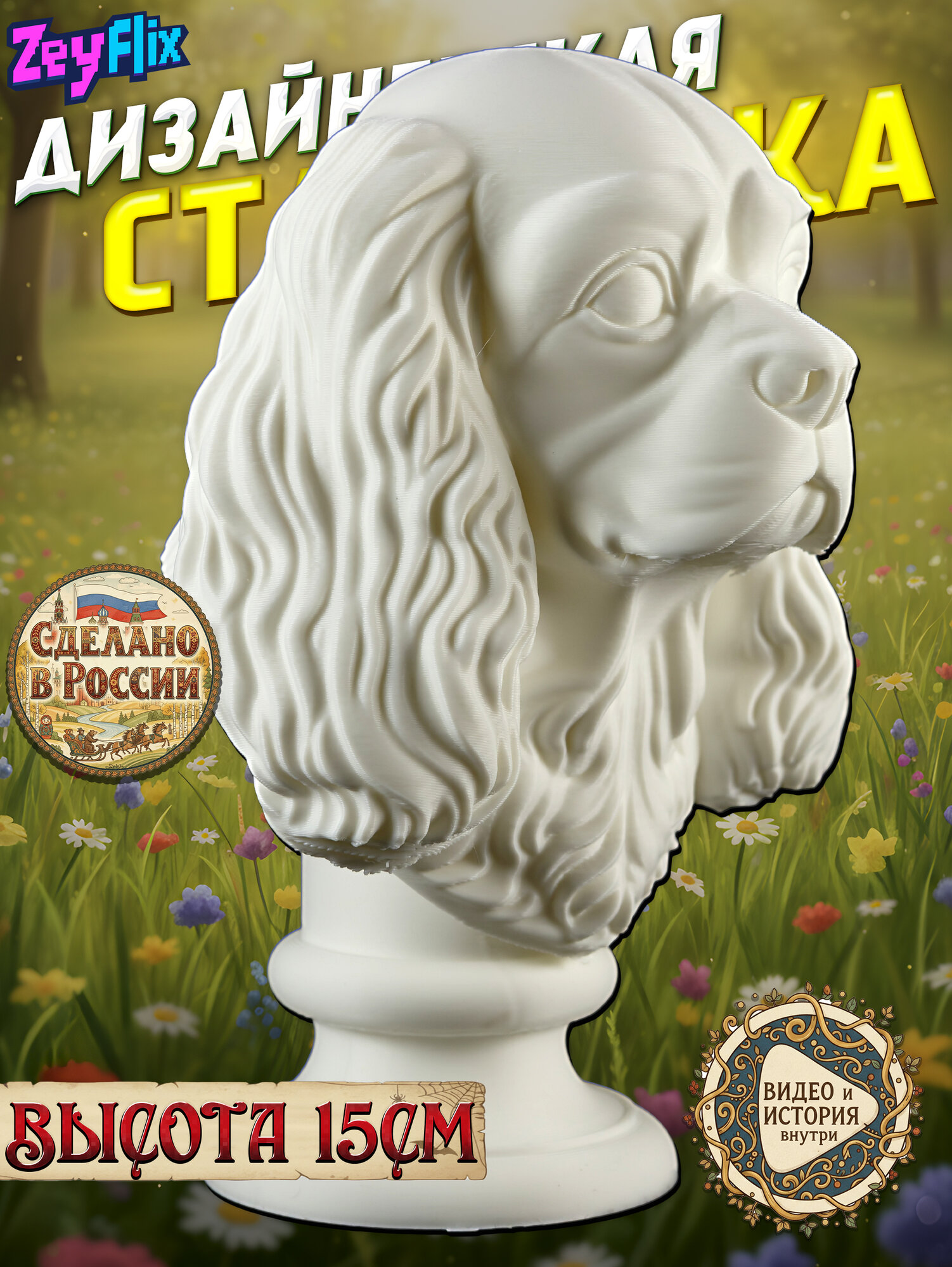 Статуэтка ZeyFlix "Спаниель", 15х10,4х10,4 см, белая, 1 шт, PLA