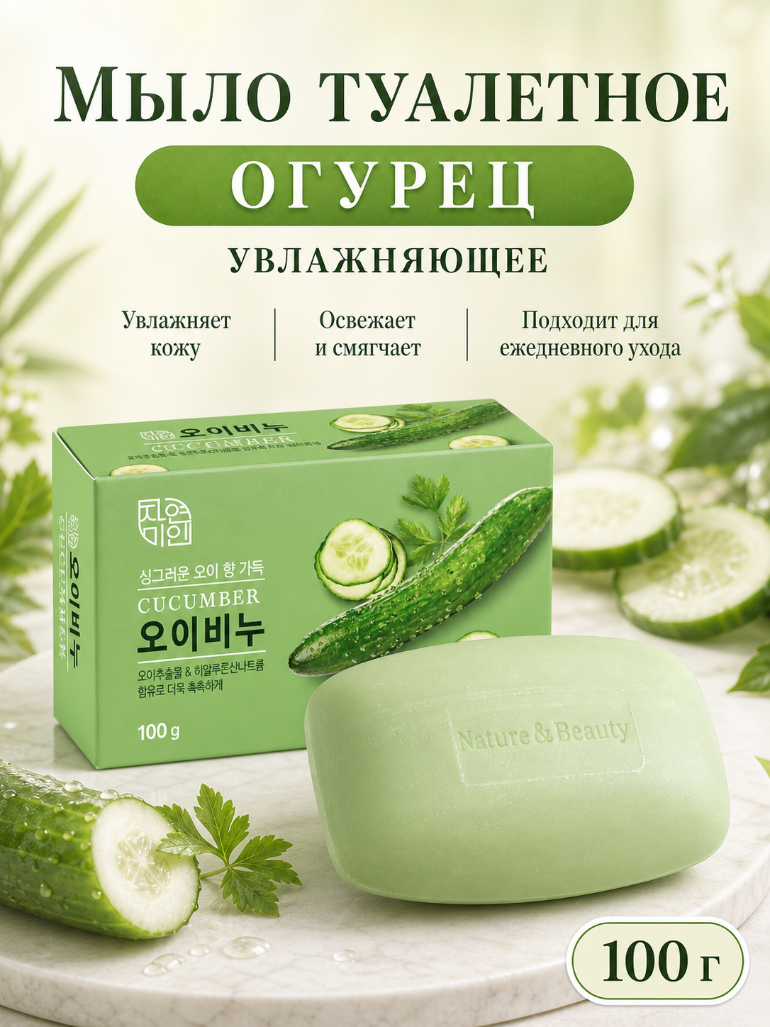 [MUKUNGHWA] Мыло туалетное увлажняющее огурец Moisture Cucumber Soap, 100гр