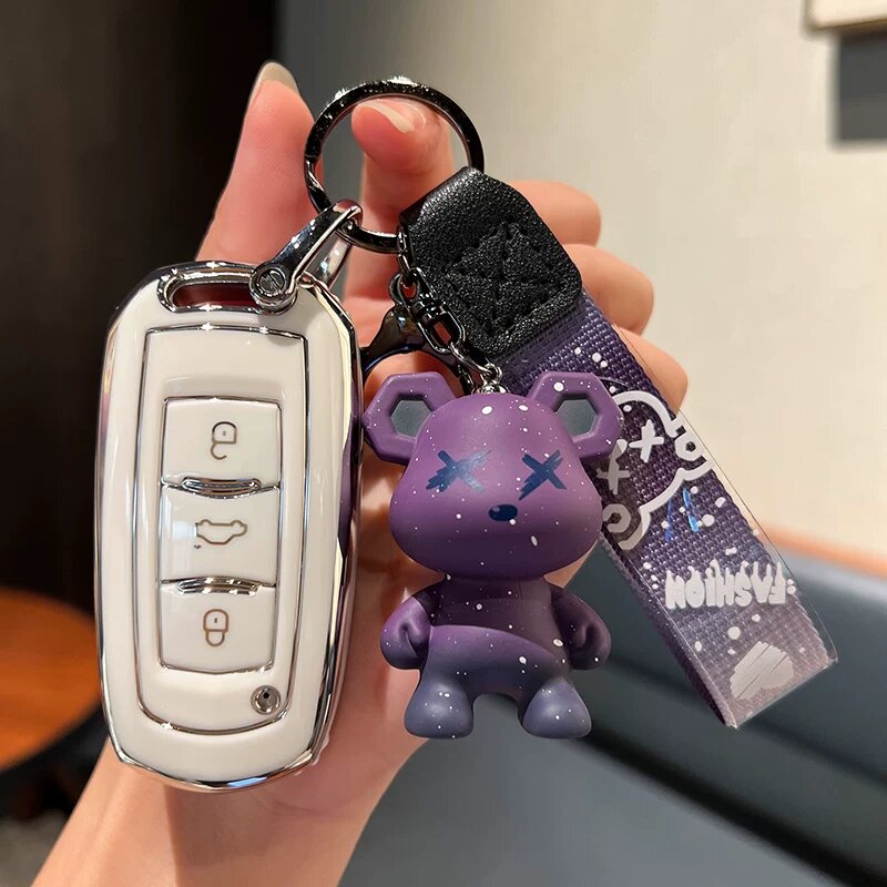 Чехол для ключа Geely совместимый с Emgrand GS, Boyue, Yuanjing X6 - Умные 3 кнопки, белый одинарный чехол с фиолетовым