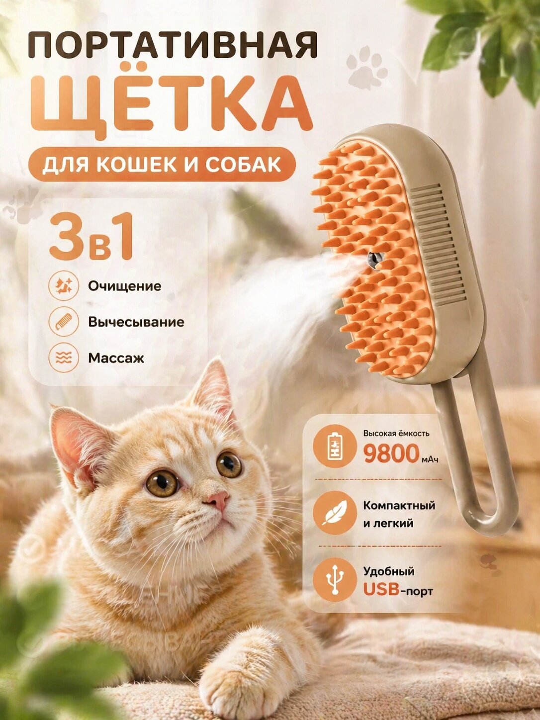 Паровая щетка для кошек, чесалка, расческа для кошек и собак , щетка для кошек с паром