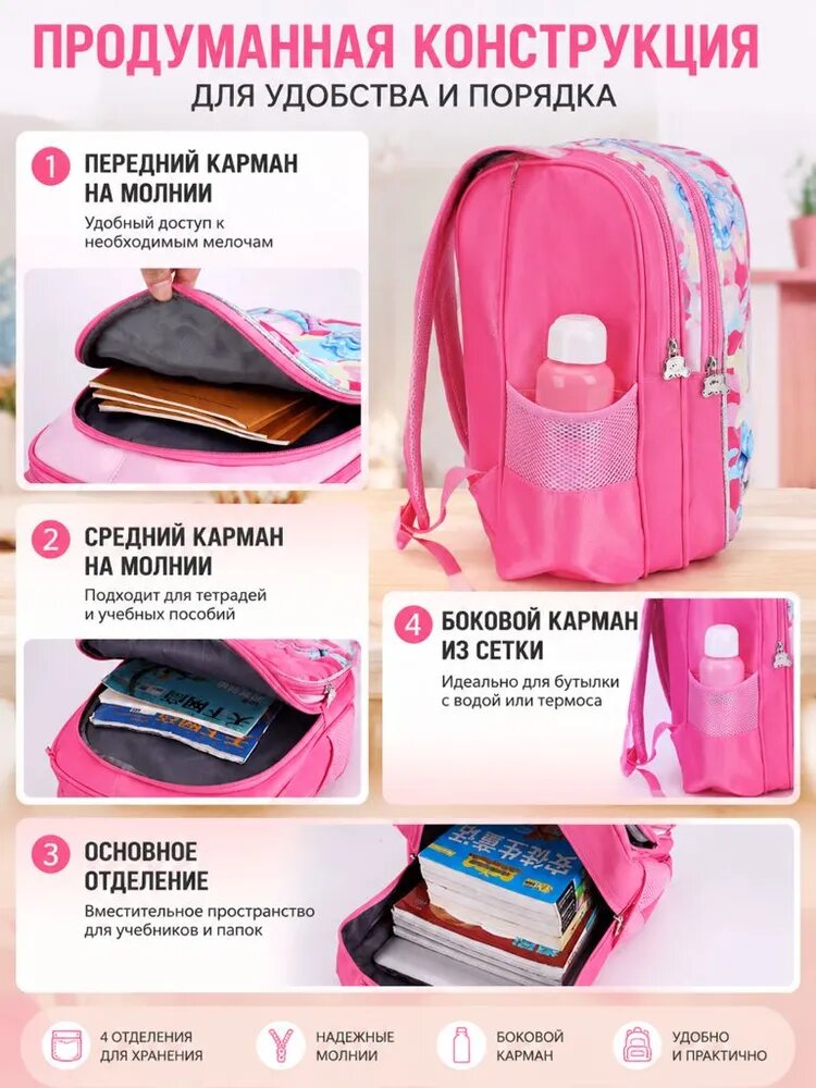 Школьный набор 4в1, рюкзак на колесах Леди Баг, сумка для ланча, пенал, сумка для обуви — фото 1