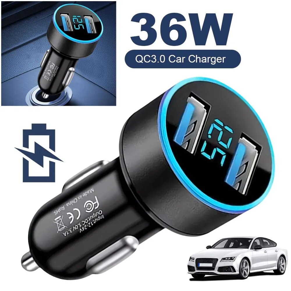 Автомобильное ЗУ 36 Вт с PD и QC3.0, двойной USB, цифровой дисплей