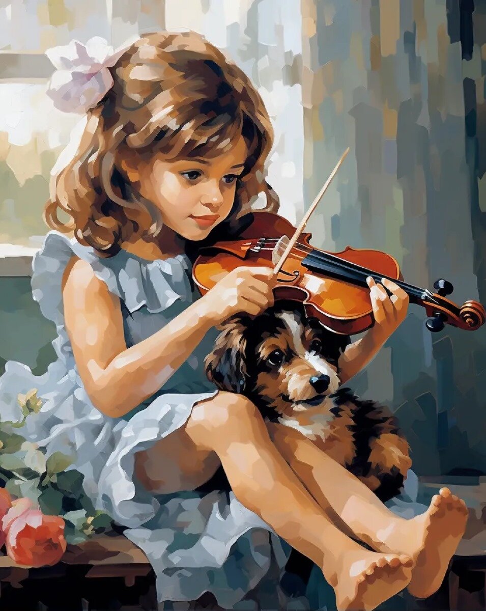 Картина по номерам "Девочка Скрипка Щенок" 40х50 см, хлопковый холст на подрамнике, акрил, АртТойс
