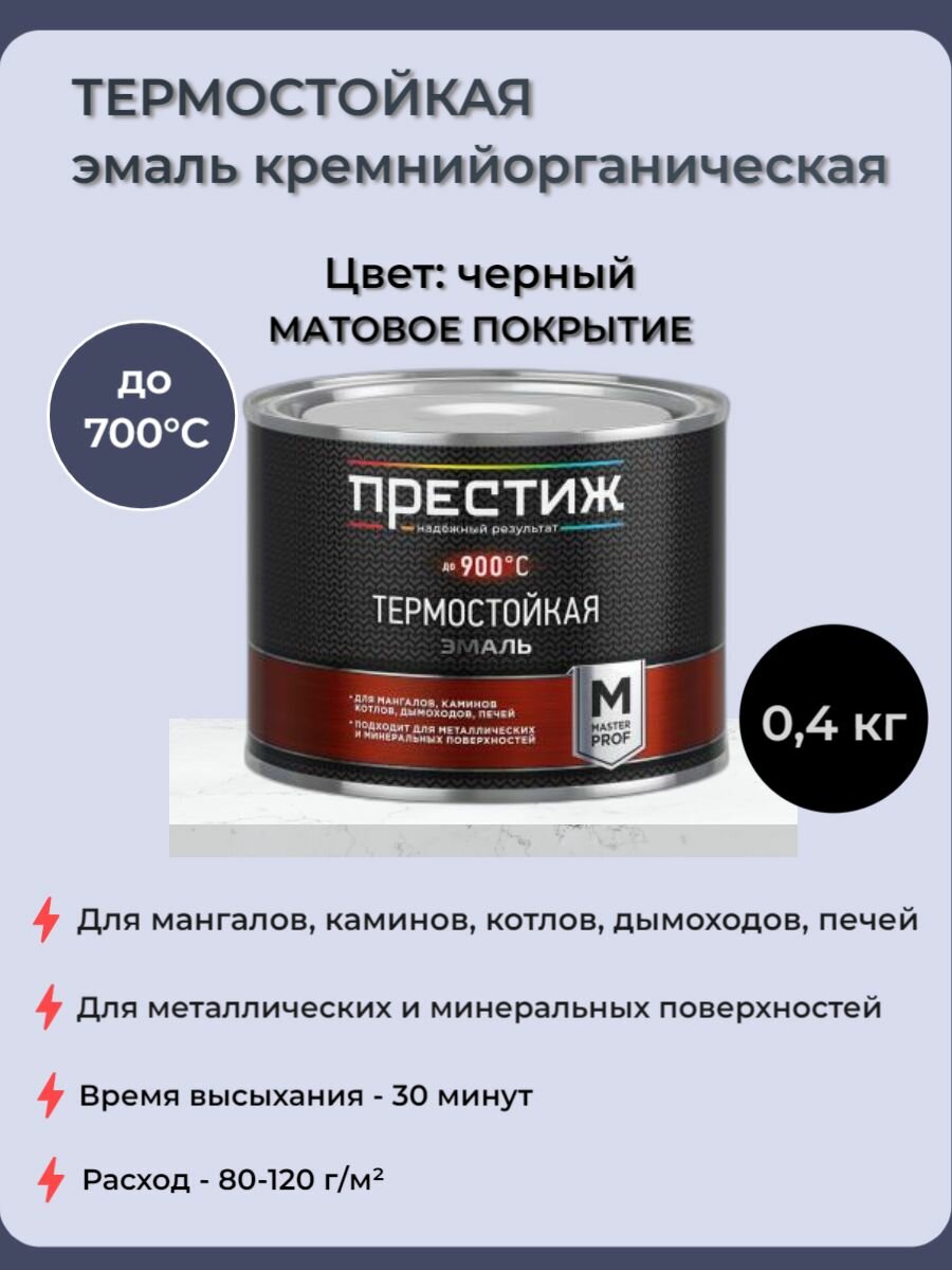 Эмаль престиж термостойкая до 700 С, кремнийорганическая, Матовое покрытие, 0.4 кг, Черная