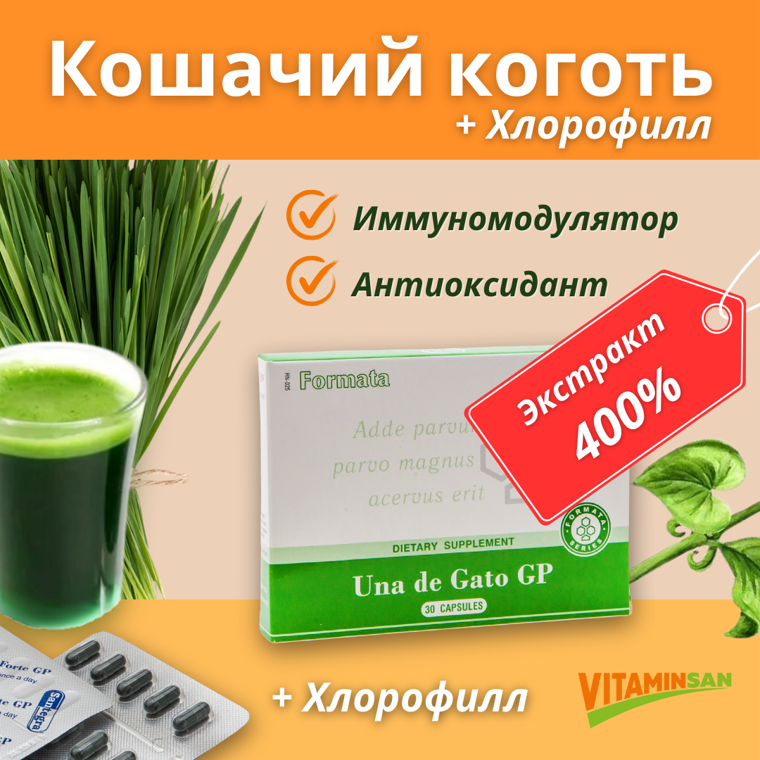 Кошачий коготь + Хлорофилл на 2 недели - иммуномодулятор, экстракт (400%) 350 мг, 30 капсул