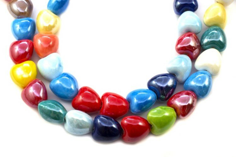 Бусины Сердце, 13х12х9мм, отверстие 1,5мм, ассорти цветов, глазированный фарфор 524-062, 1 нить