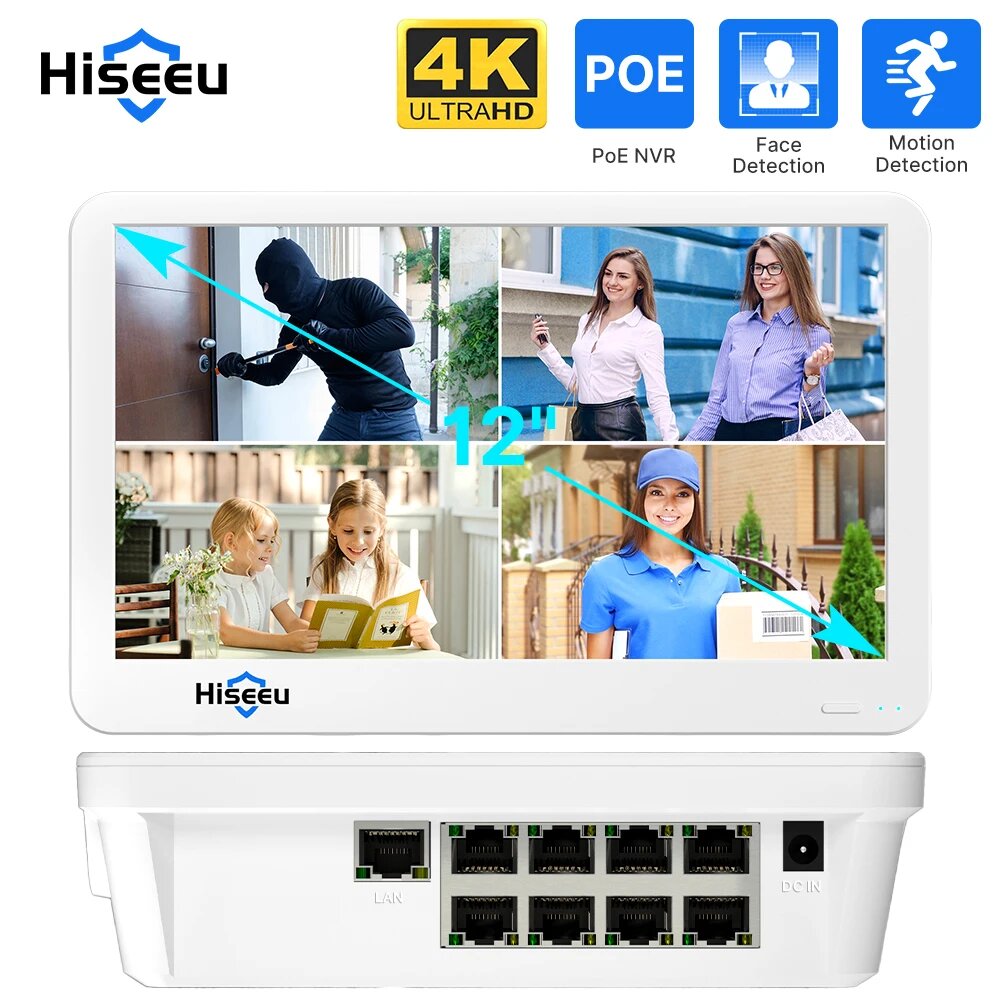 Hiseeu 8CH 4K POE NVR с ЖК-монитором 12 дюймов 3T (Спортивная одежда для активного отдыха)