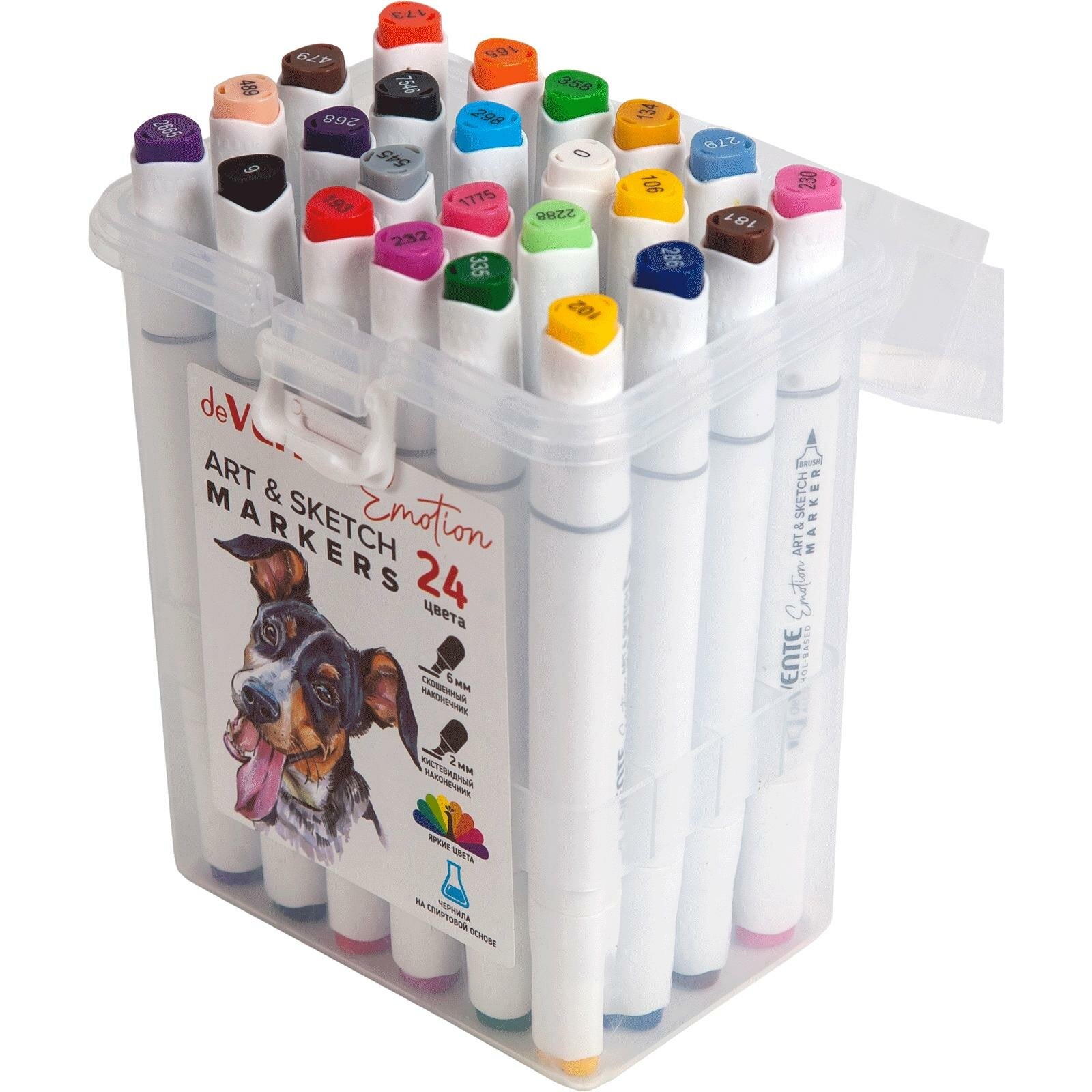 Маркеры для скетчинга deVENTE "Emotion", 24 цвета, двусторонние, кисть, скошенные, трехгранный корпус (5044112)