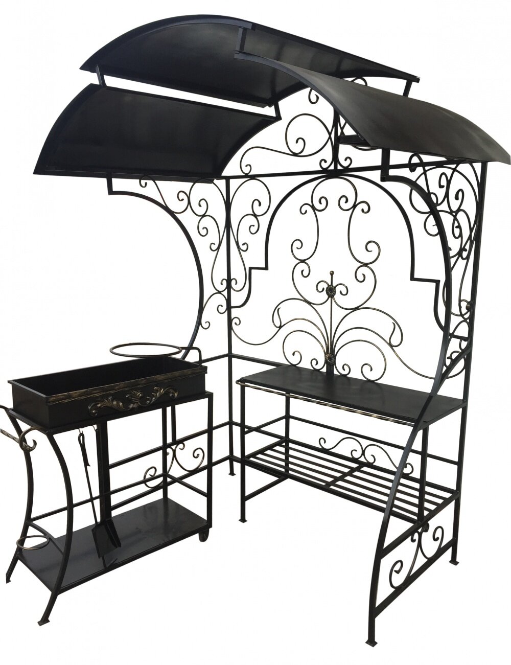 Мангал Mangal-market Венеция Классик, кованый, с крышей, выдвижной жаровней, полками, 154х125х235 см