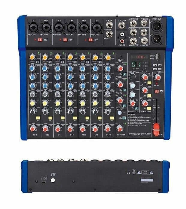 Пульт микшерный BG B628DSP, 6 моно, 1 стерео, 1AUX, DSP процессор 24bit/48KHz, USB MP3 плеер, BT