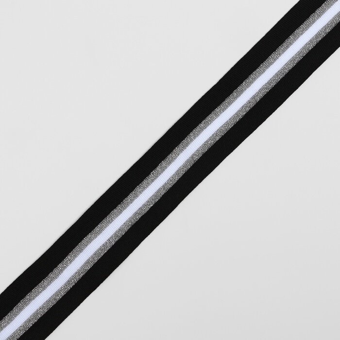 Тесьма трикотажная лампас 40 мм, 9.1±0.5 м, цвет чёрный, серебряный