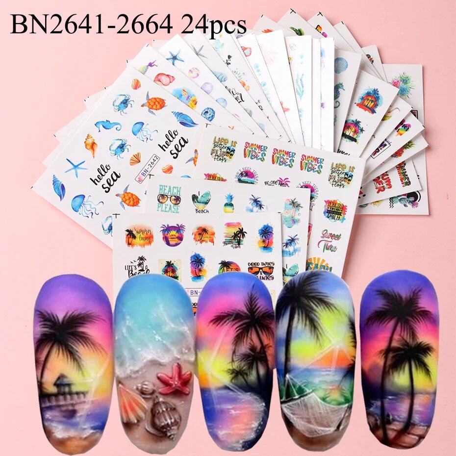 Наклейки на ногти BN2641-2664, 24 шт, пляжный дизайн