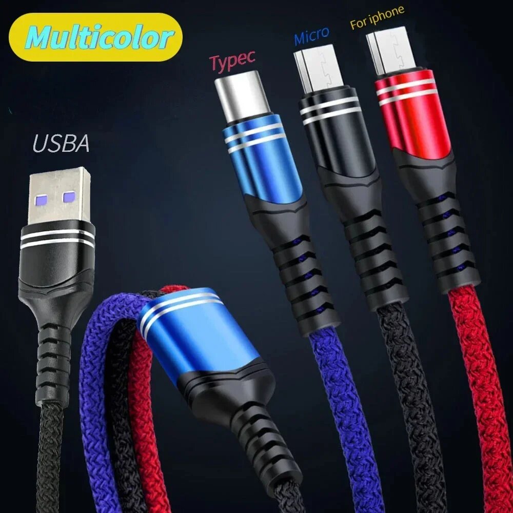Короткий USB-кабель 3-в-1 (30 см) для быстрой зарядки Huawei, iPhone 14, 13, 11 Pro, Samsung S21 (8-контактный, Micro USB, Type-C)