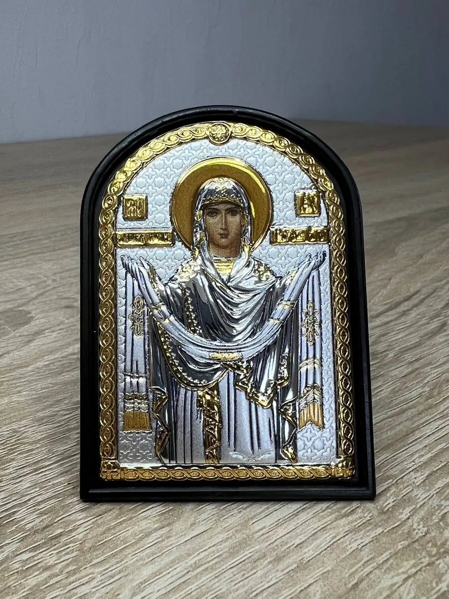 Икона серебряная, греческая Покрова БМ, 62х88мм.
