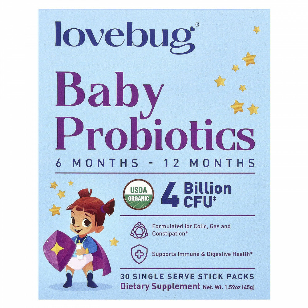 LoveBug Probiotics, Детские пробиотики, для детей от 6 до 12 месяцев, 4 млрд КОЕ, 30 порционных пакетиков