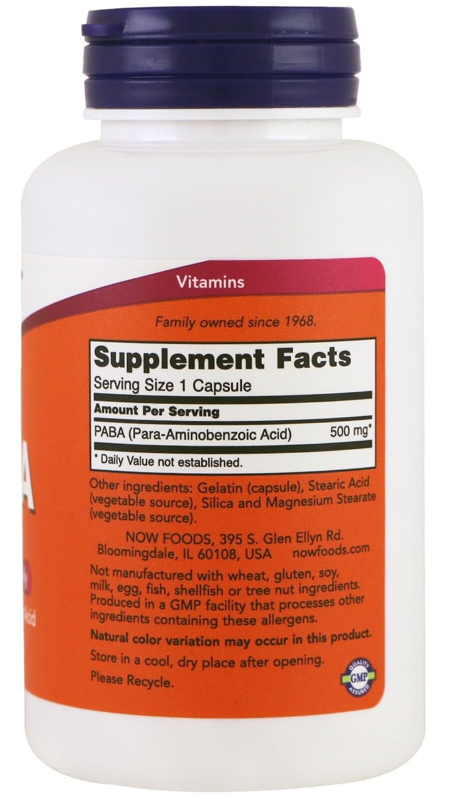 NOW Foods PABA 500 mg, НАУ пабк (пара-аминобензойная кислота) 500 мг 100 капсул — фото 1