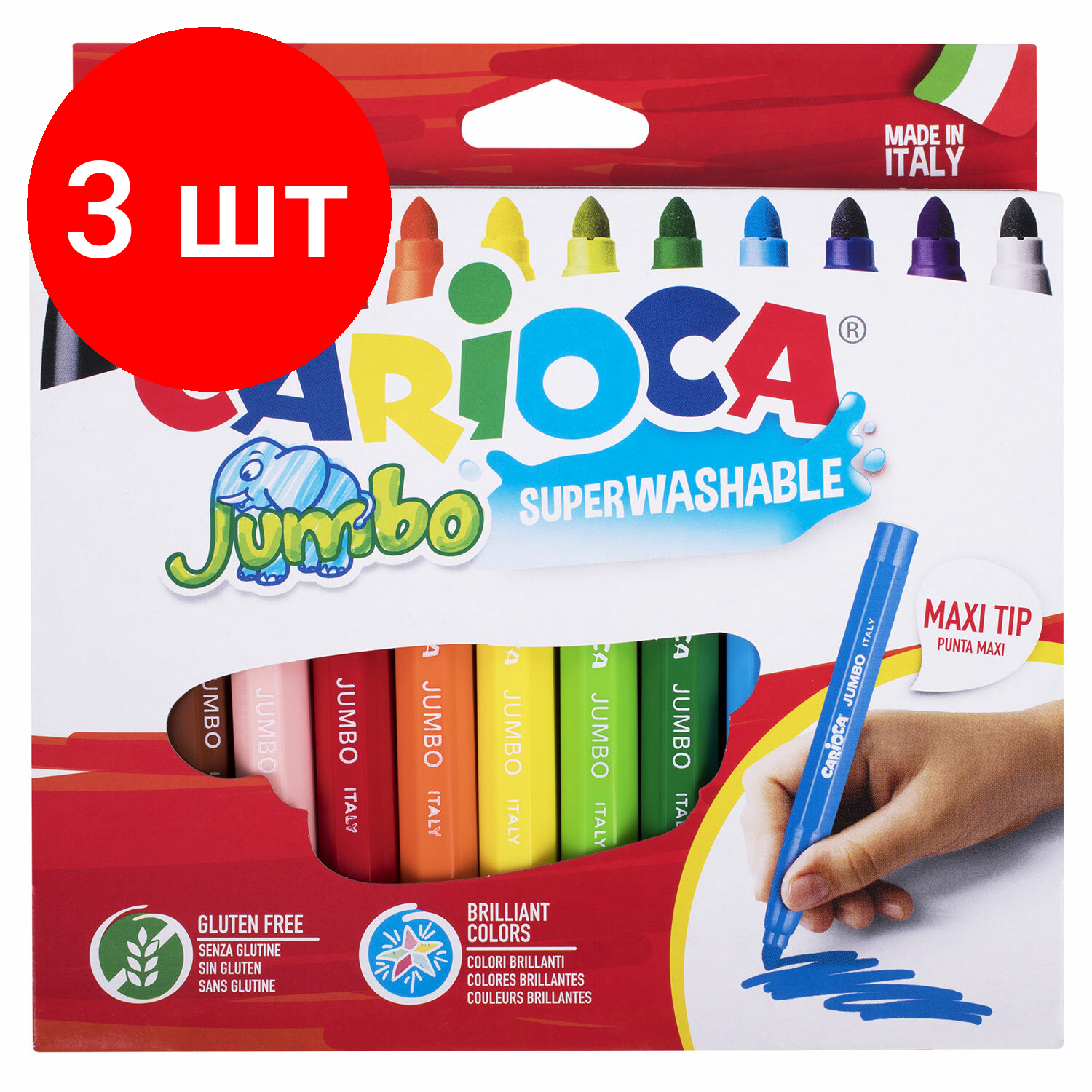 Комплект 3 шт, Фломастеры утолщенные CARIOCA "Jumbo", 12 цветов, суперсмываемые, вентилируемый колпачок, картонная упаковка, 40569