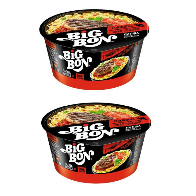 BIGBON Лапша в чашке Говядина + соус томатный с базиликом, 85 г, 2 уп