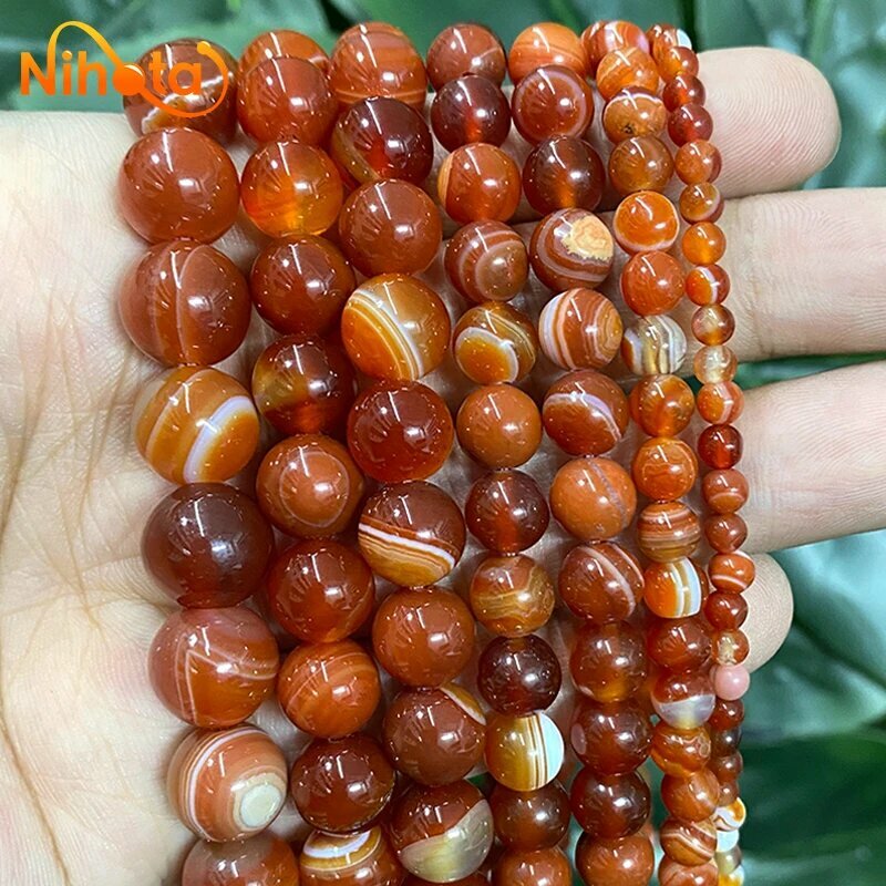 Бусины из агата Nihota, круглые, оранжевые, красные, синие, 14mm-about 26pcs, Red Stripe Agate