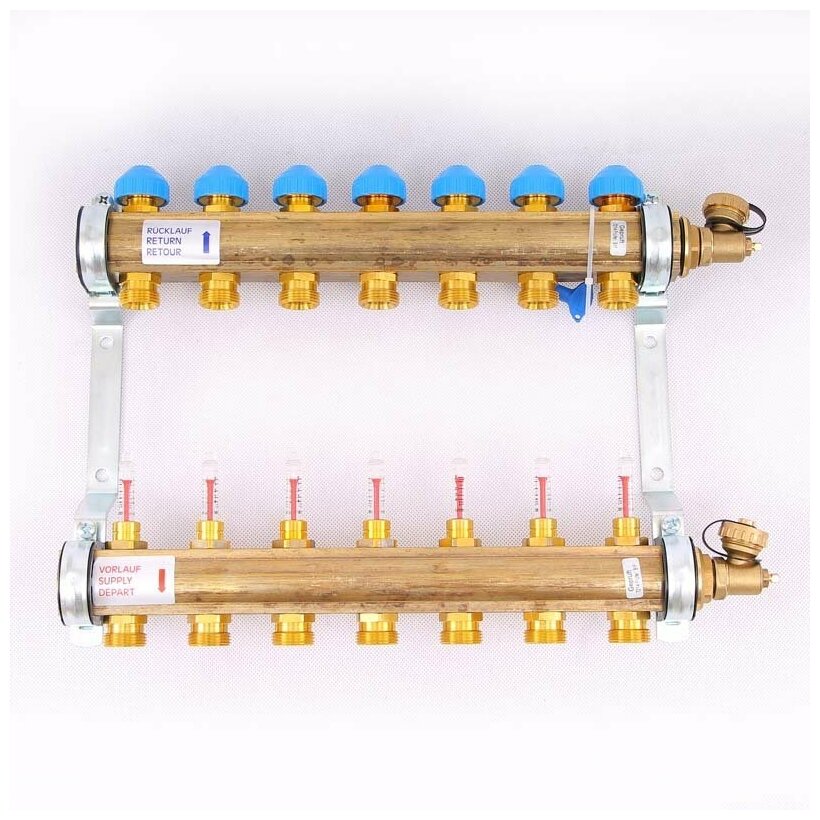 Коллектор для теплого пола WATTS HKV/T 1"x3/4" ЕК на 7 выходов с расходомером из латуни 10004201