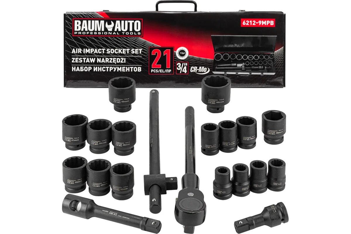 Набор инструментов BaumAuto BM-6212-9MPB, ударных 21пр. 3/4" (12гр.)