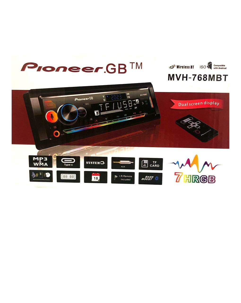Магнитола Pioneer GB 1 din с Bluetooth / 12V / 7 цветов подсветки экрана / AUX / USB / Блютуз / Пионер MVH-768MBT