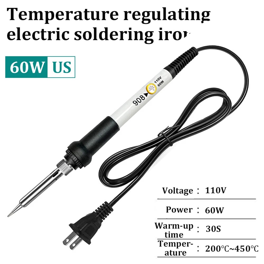 Электрический паяльник 60W, 110V, 200-450°C, белый, US Plug