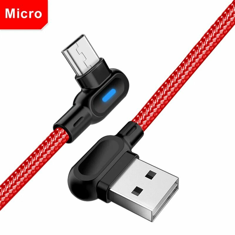 Кабель OLAF Micro USB Type-C, со светодиодной подсветкой, 90 градусов, с двойным 2 м, Red Micro USB