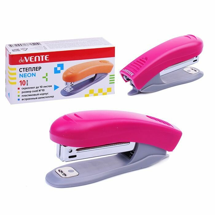 Степлер deVENTE "Neon", № 10, розовый, пластиковый, на 10 листов, глубина скрепления 43 мм (4142345)