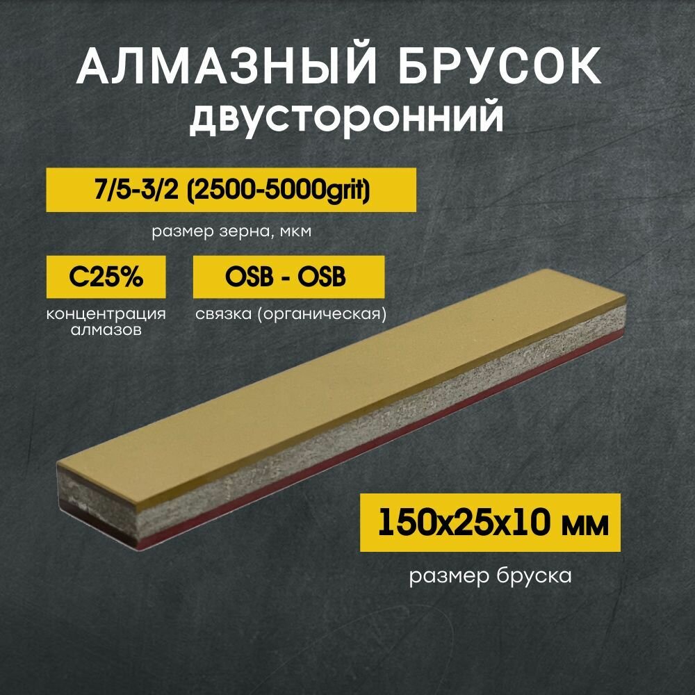 Алмазный 2-х сторонний брусок VID 150x25мм С25% 7/5-3/2 OSB (2500-5000grit)