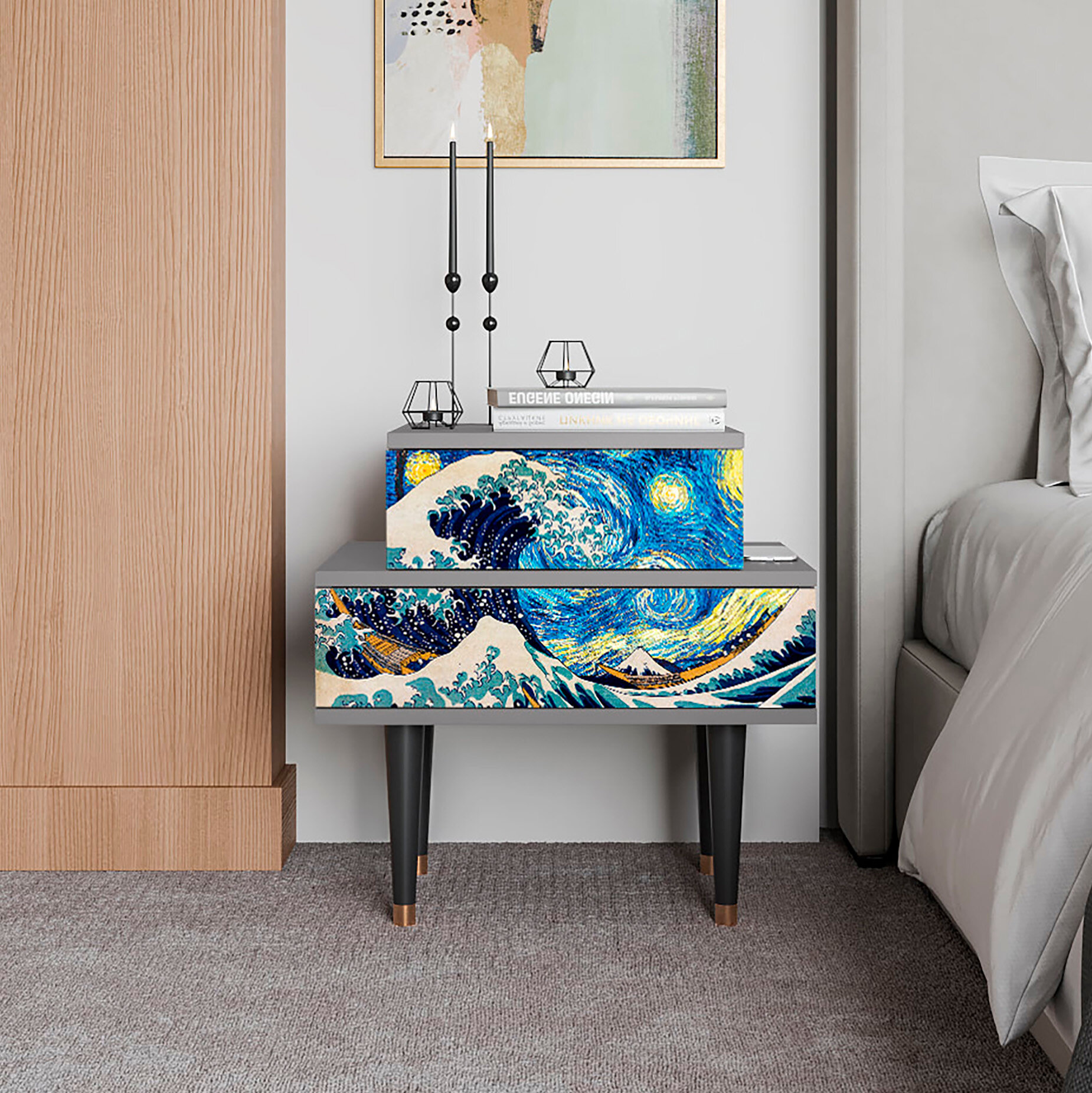 Прикроватная тумба - STORYZ - NS1 The Great Wave off Kanagawa by Hokusai, Размер - 58 x 58 x 41 см, Цвет корпуса - , Серый