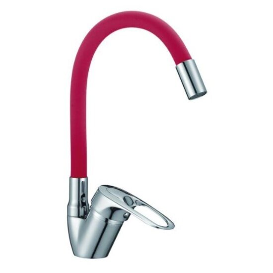Смеситель для кухни D-lin с силиконовым изливом D150628-4C, красный и хром