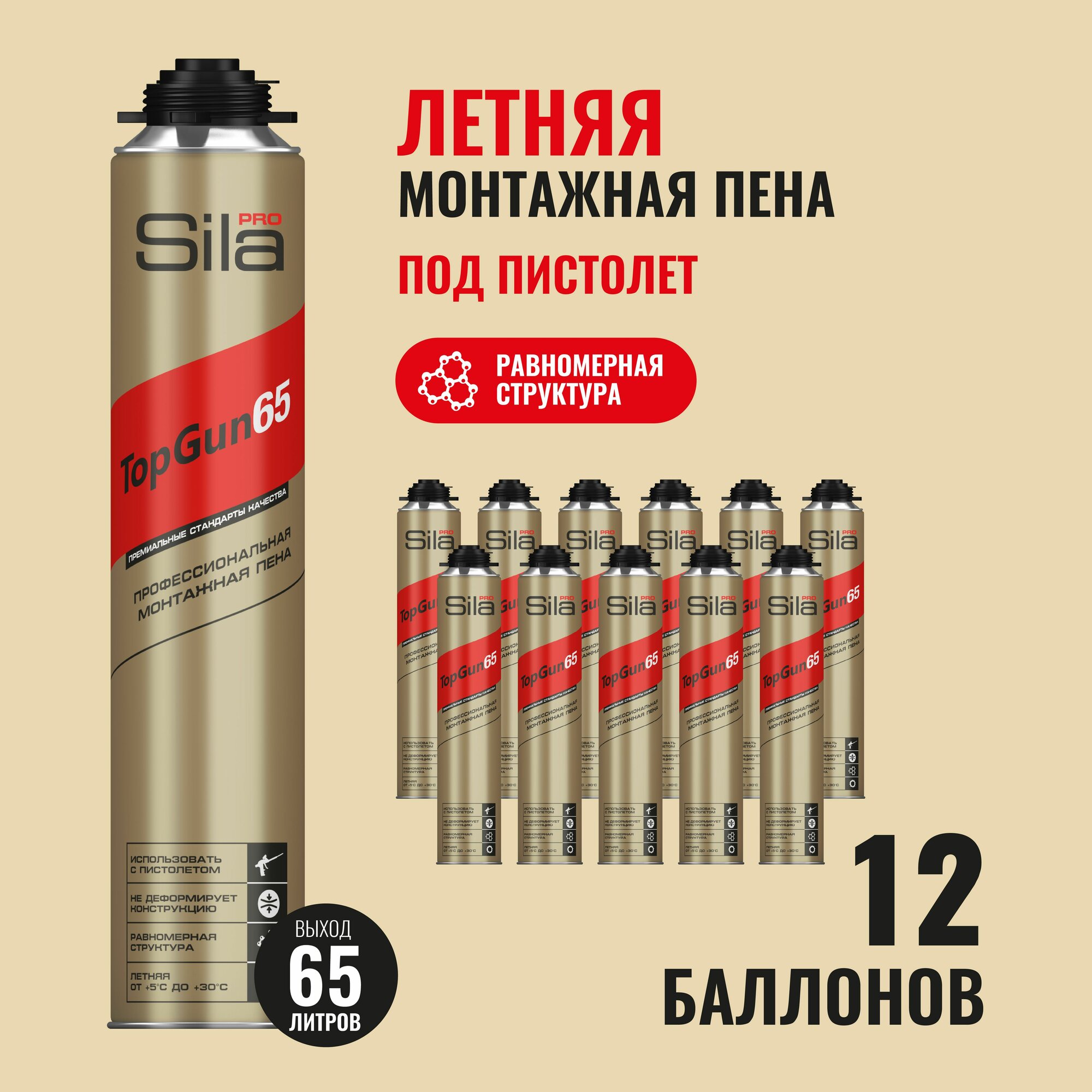 Профессиональная монтажная пена Sila Pro TopGun 65, летняя, 875 мл, 12 баллонов, SPTG65P865S