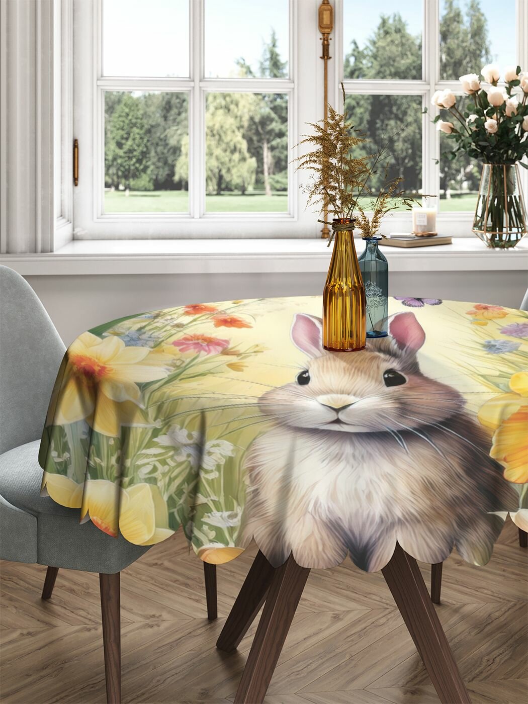 Круглая скатерть на стол с принтом "Полевой зайчик" 150х150 см, JoyArty, серия Пасха
