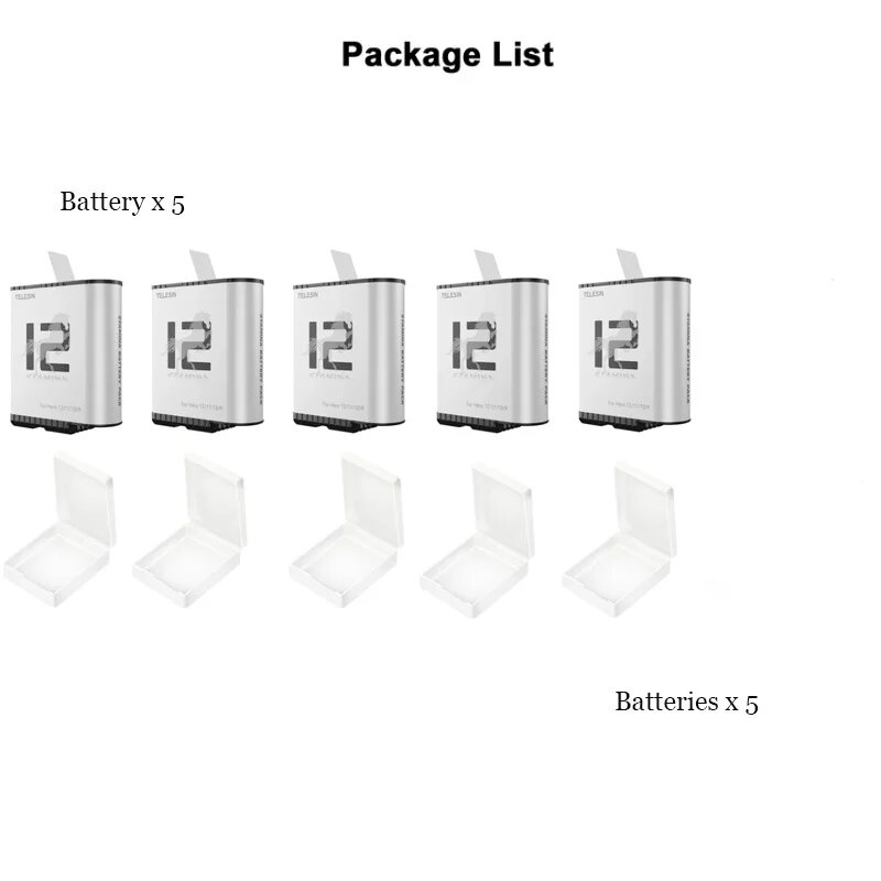 TELESIN Батарея Endurance для GoPro Hero 12 11 10 9 1750 мАч 5-Battery